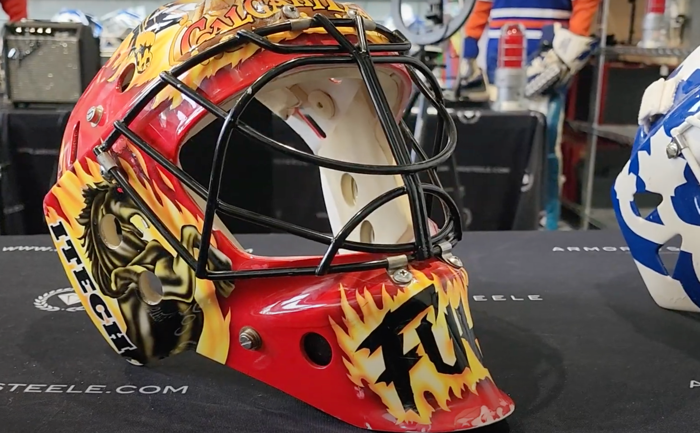 Featuring: Grant Fuhr Game Worn goalie mask 1999-2000 Calgary Flames P ...