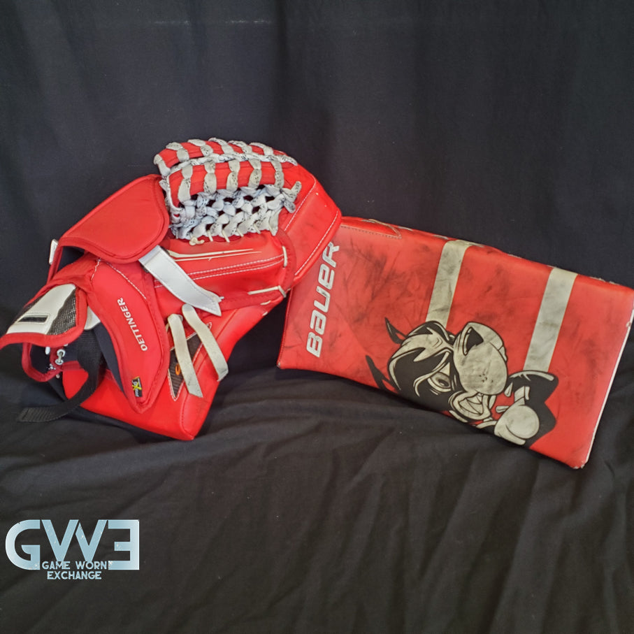 Jake Oettinger Game Worn Used Goalie Pads & Glove Set 2018-19 Boston U ...