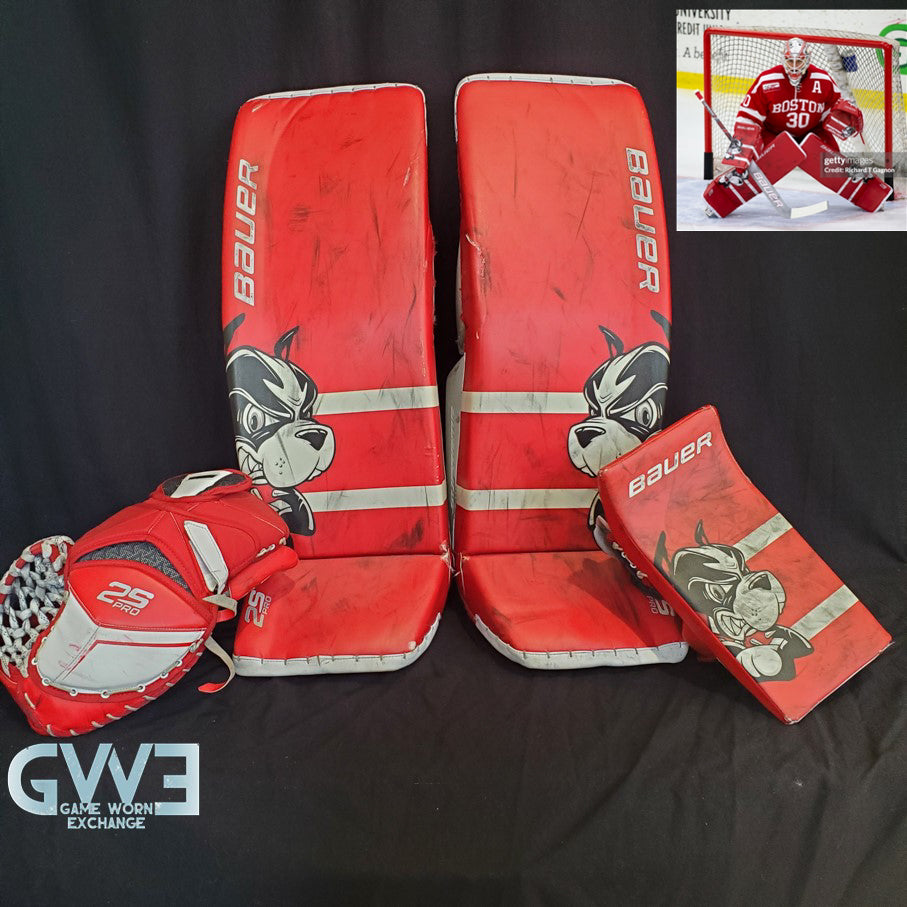 Jake Oettinger Game Worn Used Goalie Pads & Glove Set 2018-19 Boston U ...